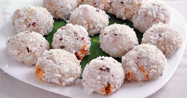 Unda puttu with prawn stuffing and coconut